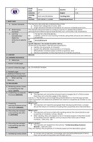Daily Lesson in Earth Science - SHS DAILY LESSON LOG DAILY LESSON LOG ...