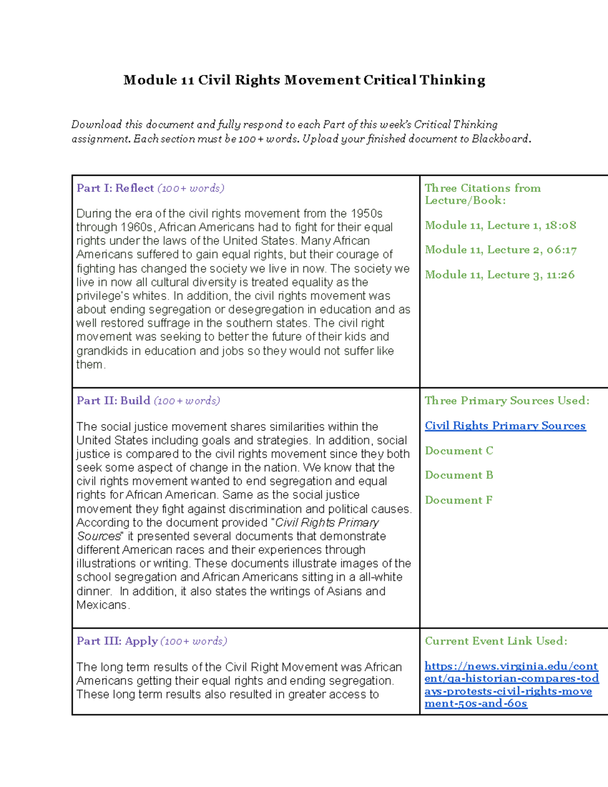 Critical thinking response - Module 11 Civil Rights Movement Critical ...