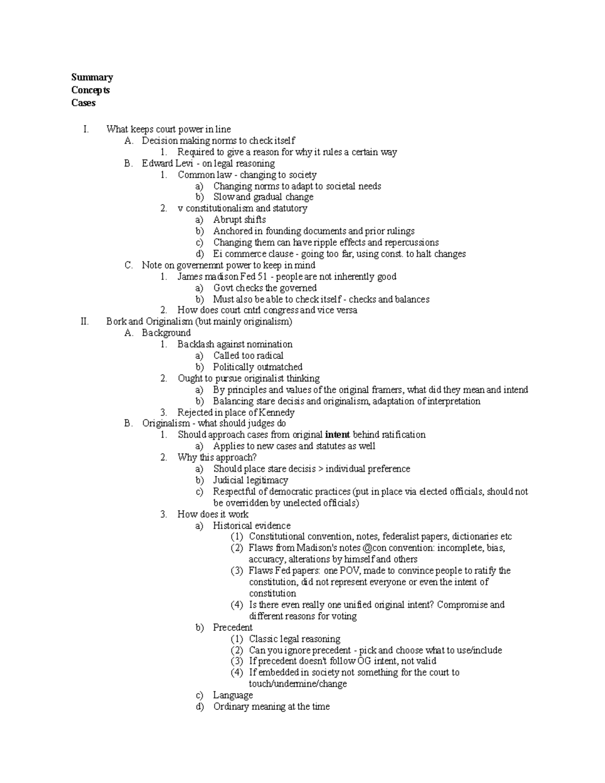 LAW 5021 - Originalism and Bork - Summary Concepts Cases I. What keeps ...