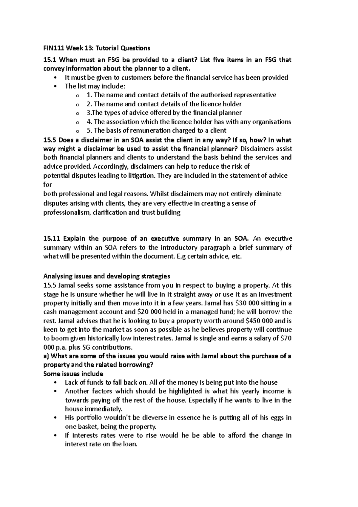 FIN111 Week 13 Tutorial Questions - FIN111 Week 13: Tutorial Questions ...