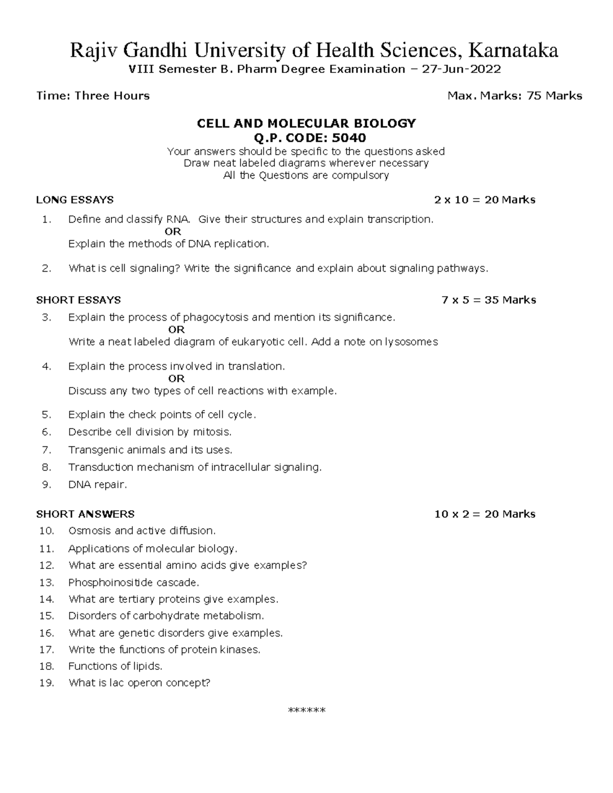 Cell & Molecular Biology Previous Year Question Papers - VIII Semester ...