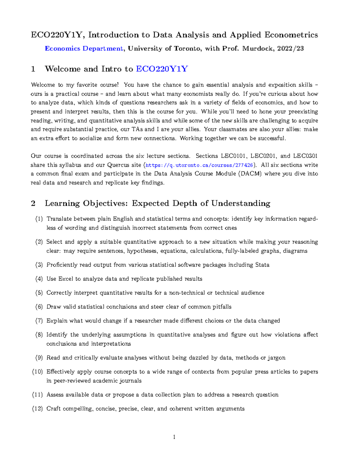 ECO220 Outline - ECO220Y1Y, Introduction to Data Analysis and Applied Econometrics Economics ...