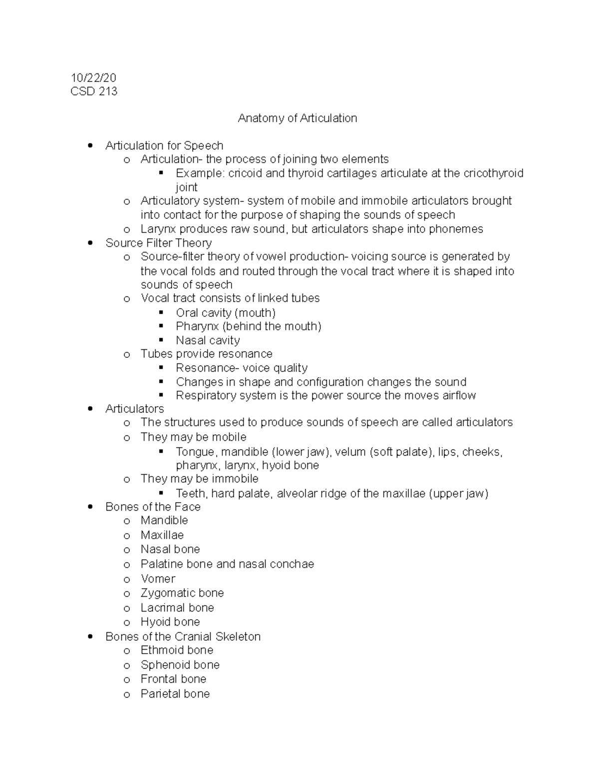 Anatomy of Articulation - 10/22/ CSD 213 Anatomy of Articulation ...