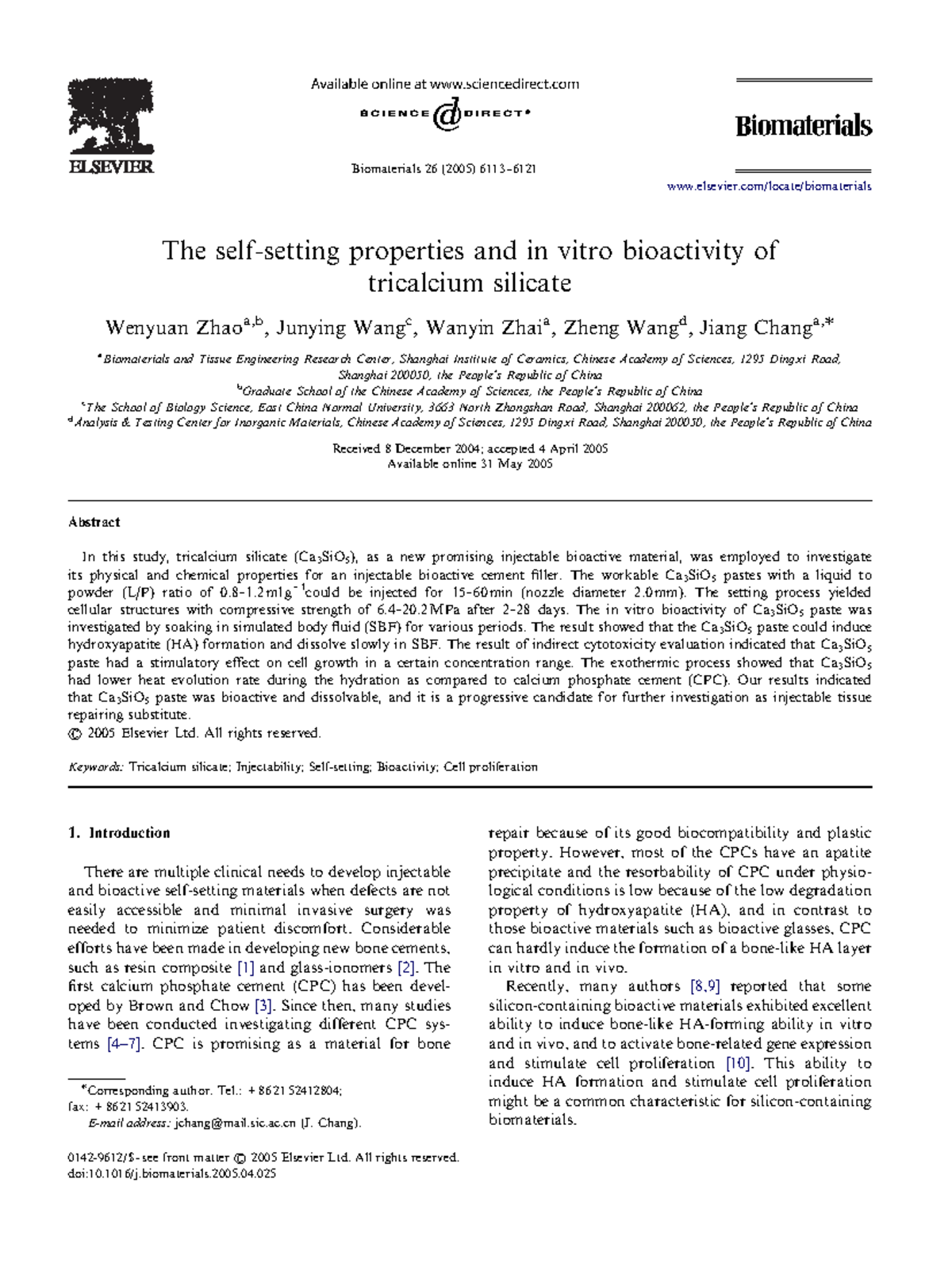 Zhao W, Wang J, Zhai W, Wang Z, Chang J. The self-setting properties ...