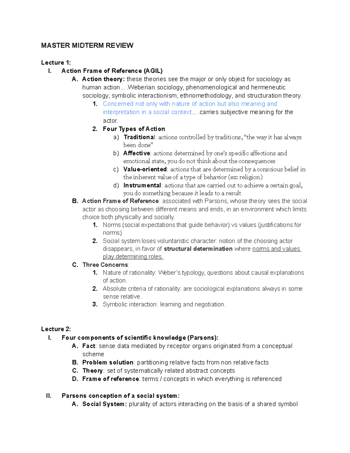 Lecture Notes + Readings - MASTER MIDTERM REVIEW Lecture 1: I. Action ...