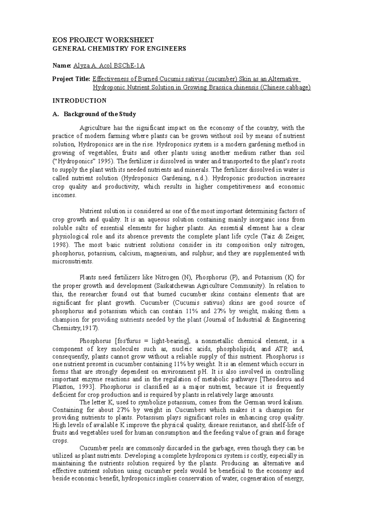 EOS Project Worksheet - class activity - EOS PROJECT WORKSHEET GENERAL ...