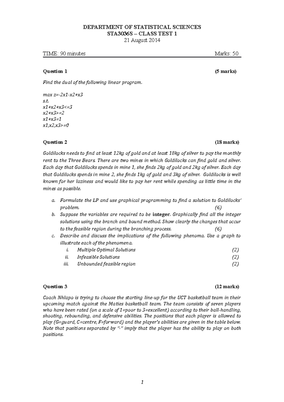 Test 1 July 2014, questions - DEPARTMENT OF STATISTICAL SCIENCES ...