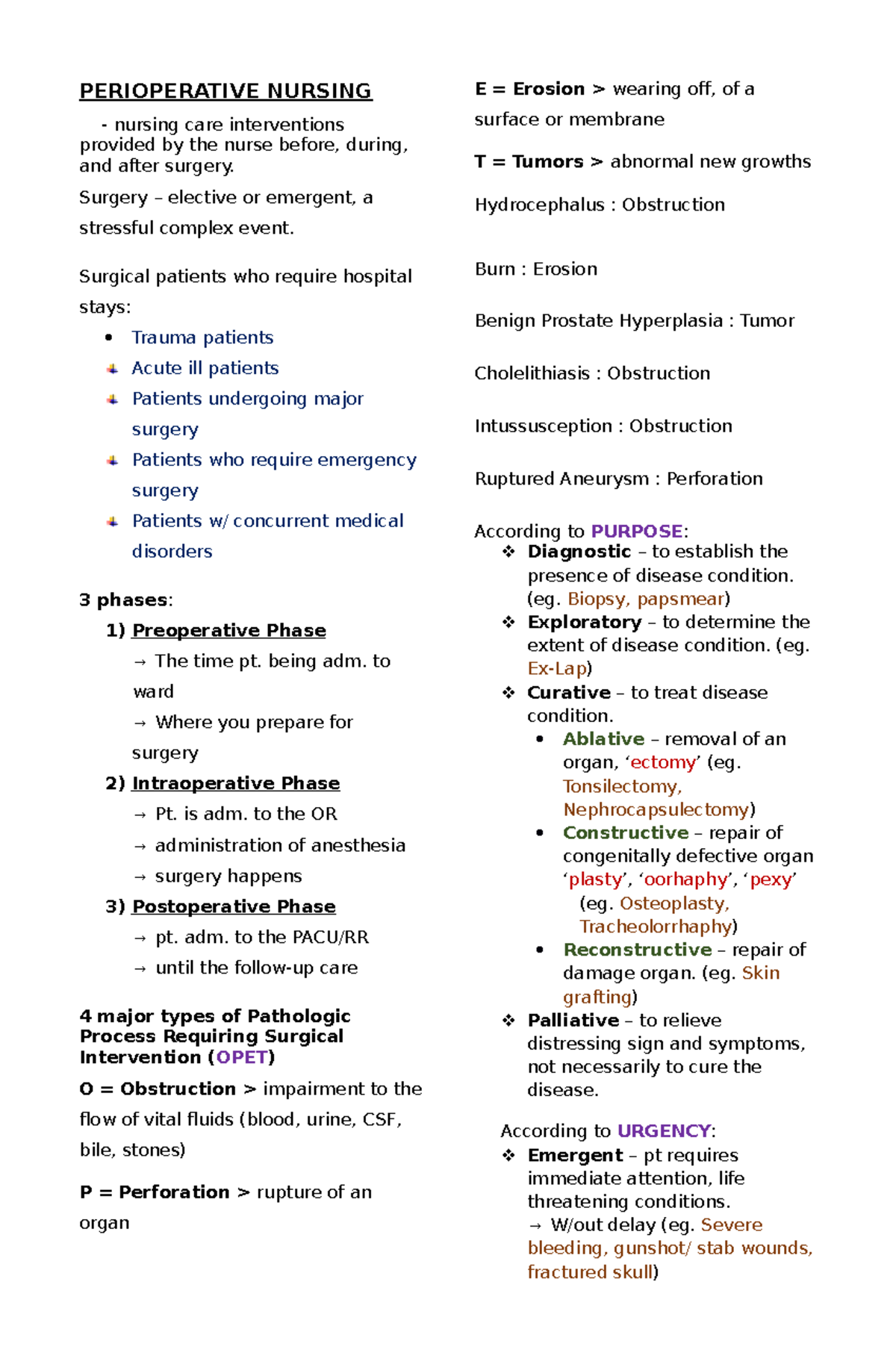 Perioperative Nursing notes - PERIOPERATIVE NURSING nursing care ...