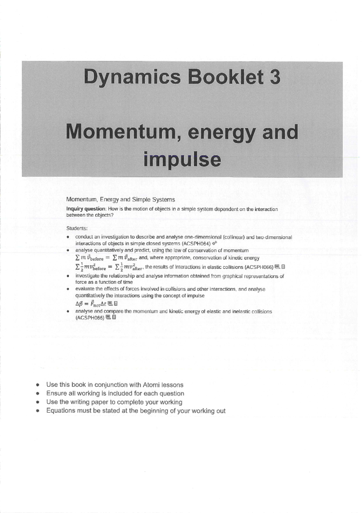 Momentum Booklet (1)-1 - Dynamics Booklet 3 Momentum, energy and ...
