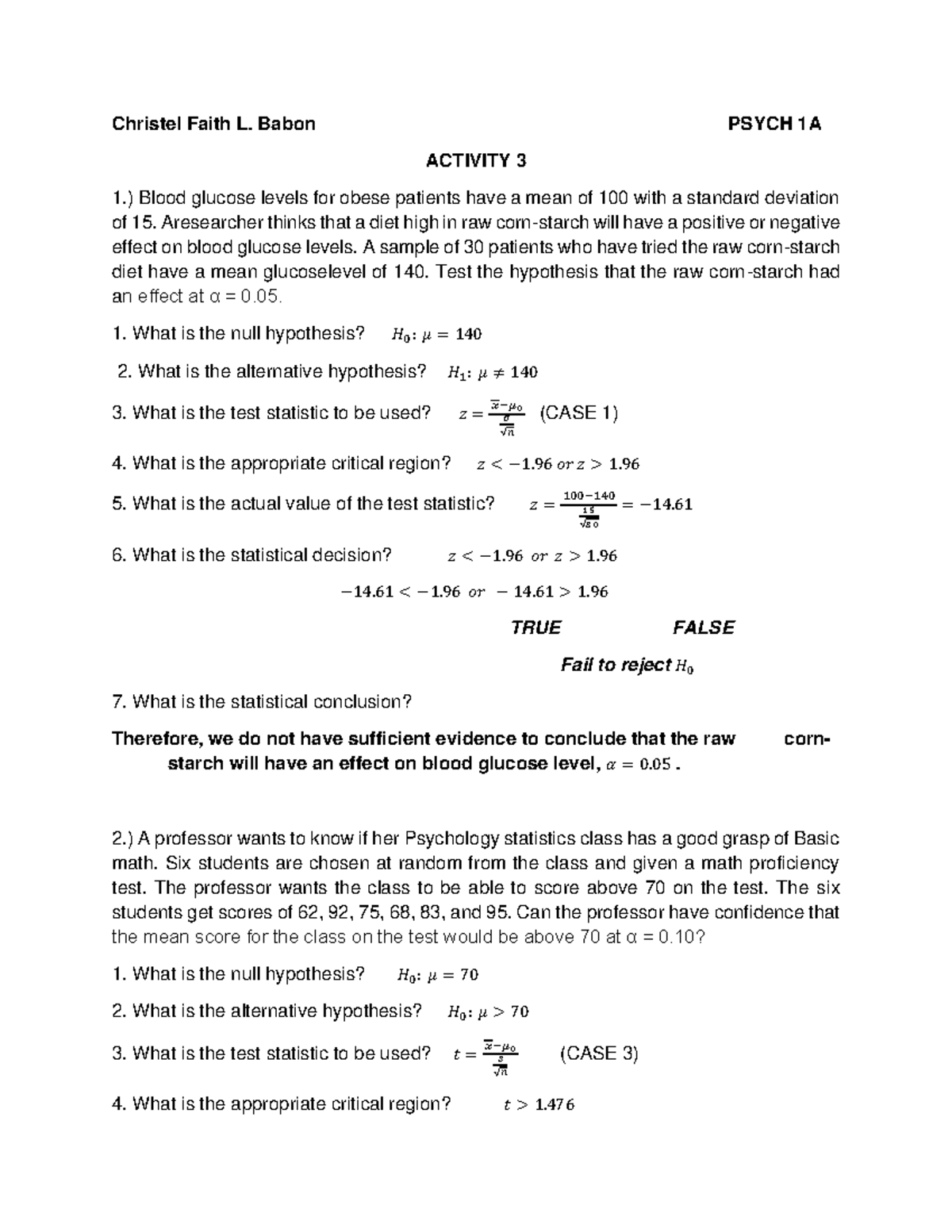 Act 3 and 4 stats - Summary Bachelor of Science in Psychology ...