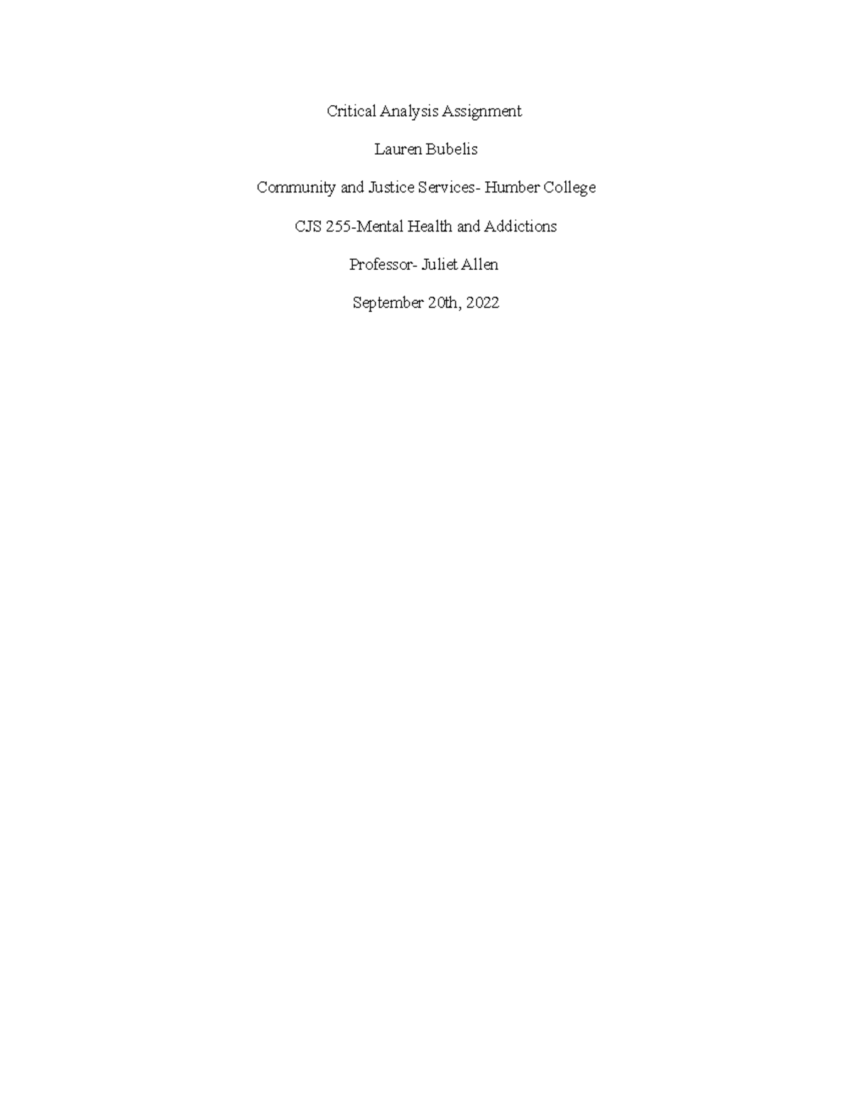 Critical analysis mental health and addictions copy - Critical Analysis ...
