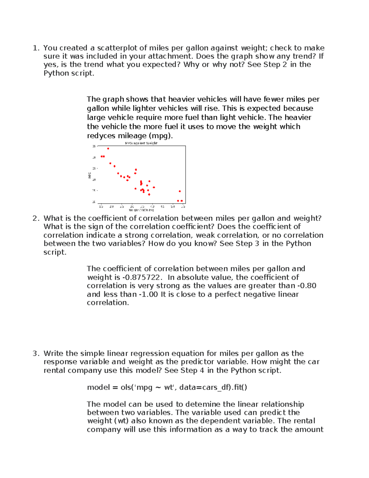 Module 5-3 Discussion - You created a scatterplot of miles per gallon ...