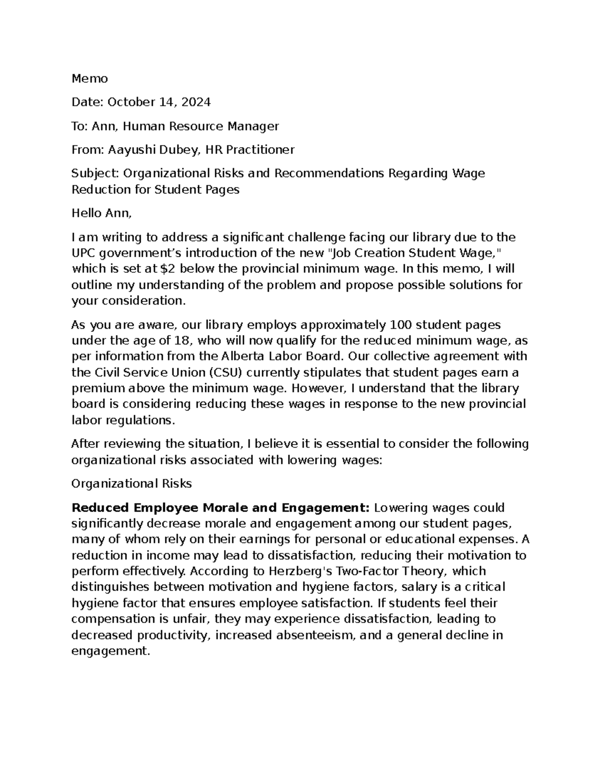 Assignment 3 HRMT 386 - Memo Date: October 14, 2024 To: Ann, Human ...