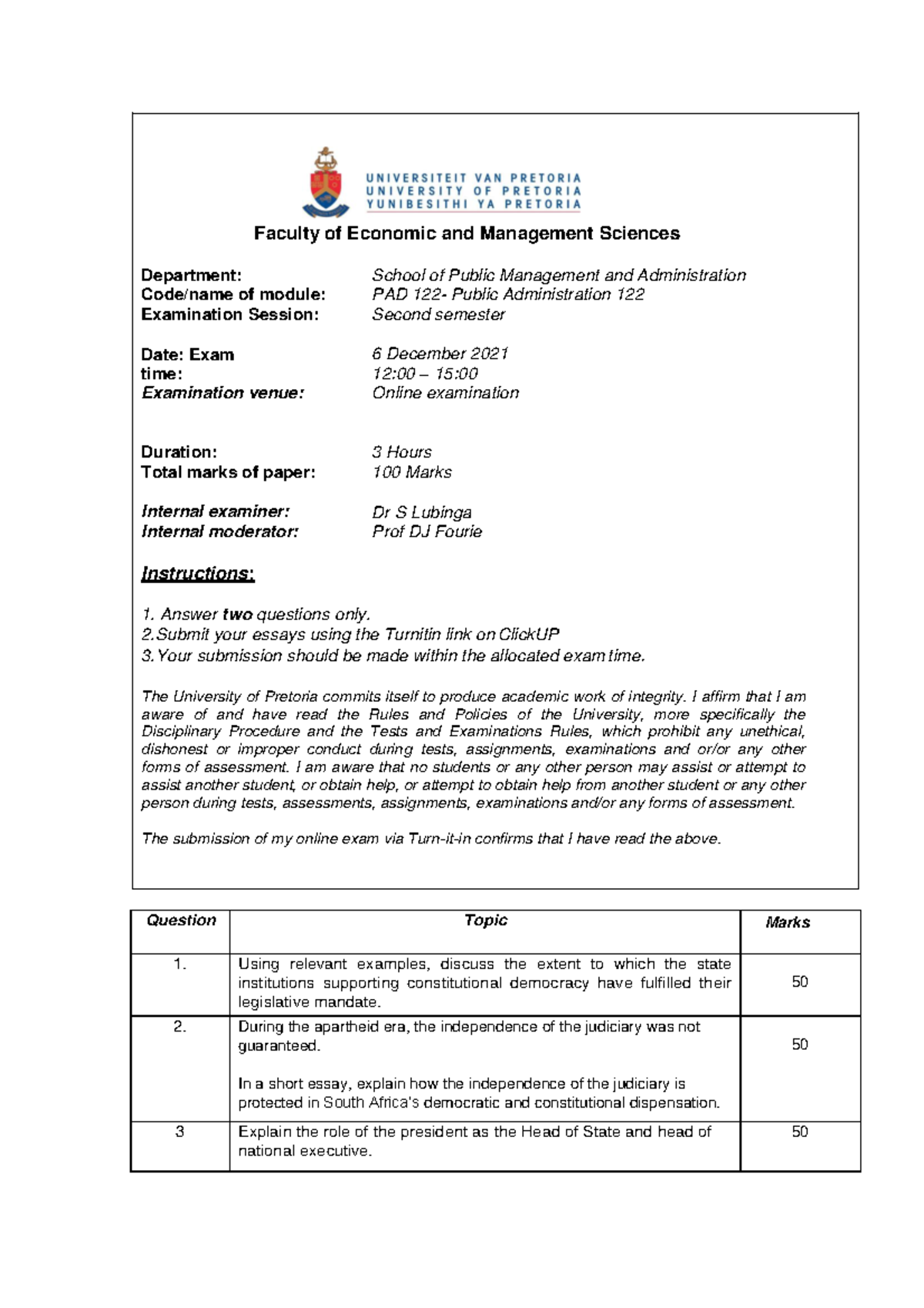 PAD122 Dec2021 - Exam tutorial - Question Topic Marks Using relevant ...