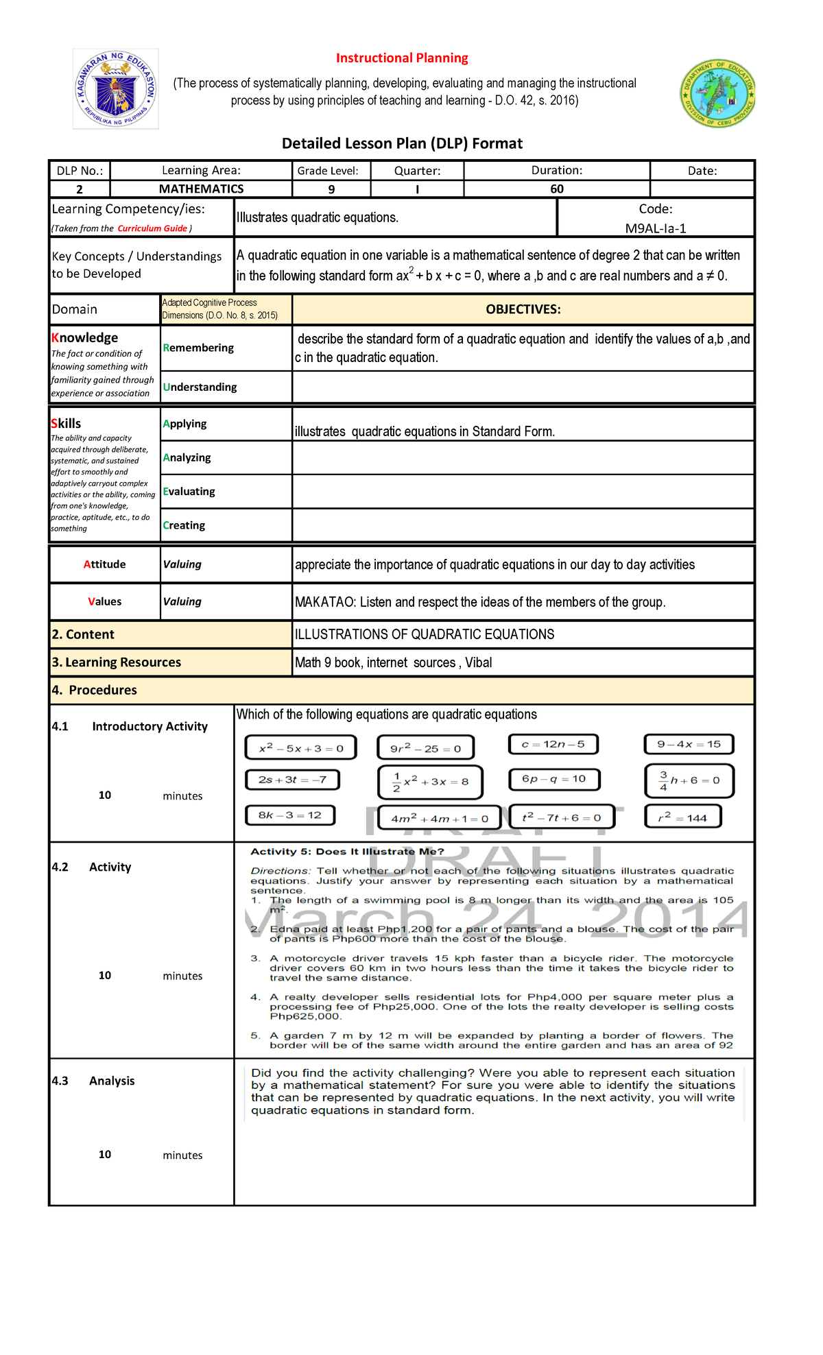 DLP 2 M9AL-Ia-1 - daily lesson plan - DLP No.: Grade Level: Quarter ...