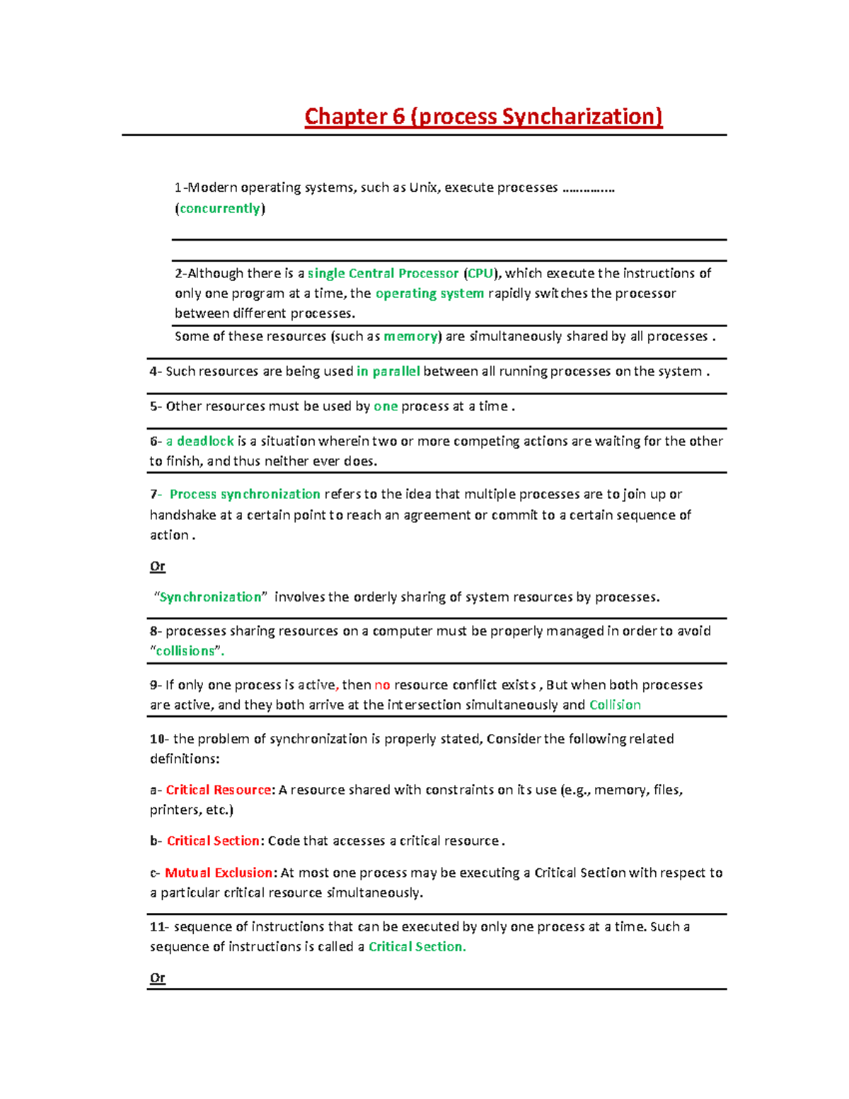 Chapter 6(summary) - notes - Chapter 6 (process Syncharization) 1- 1 ...