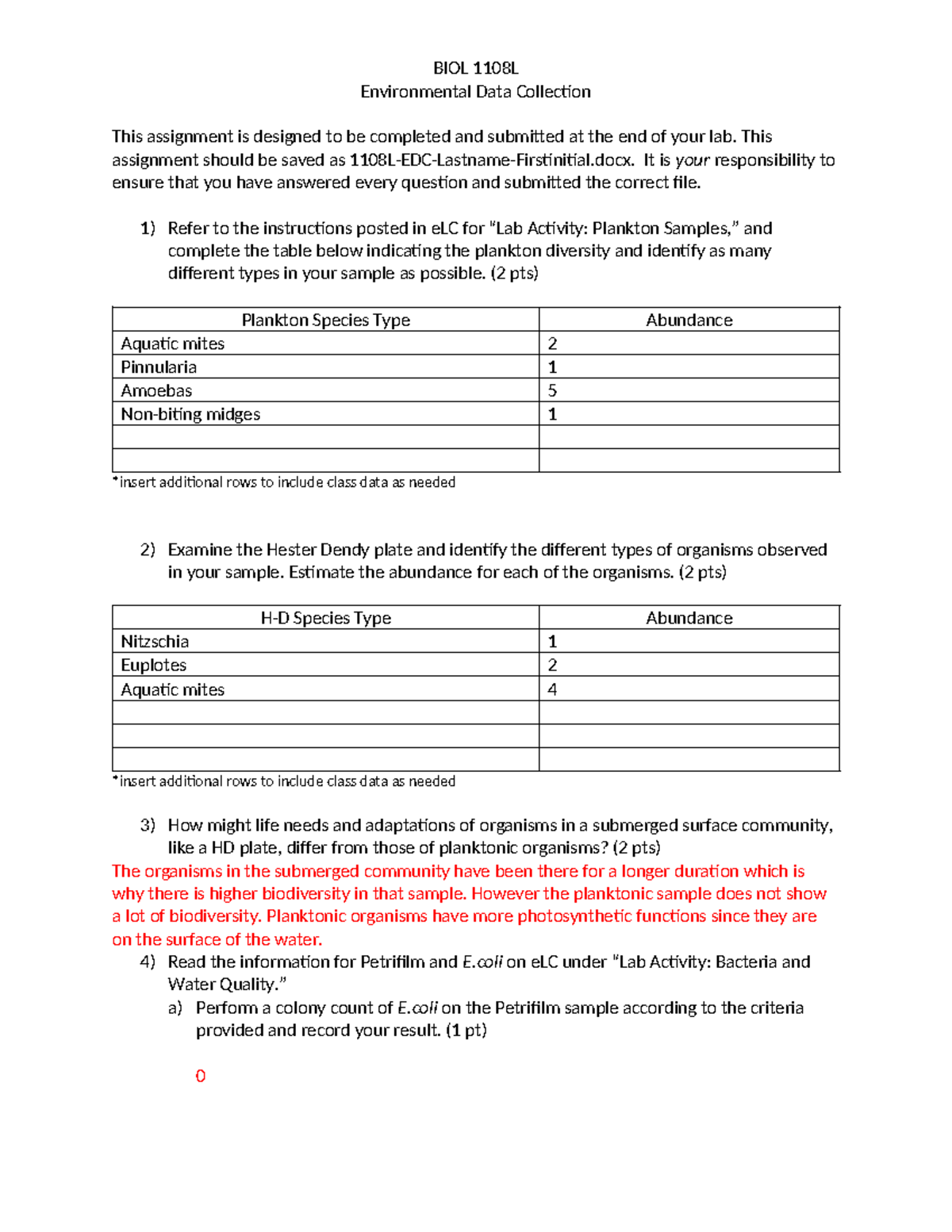 Environmental Data Collection - BIOL 1108L Environmental Data ...