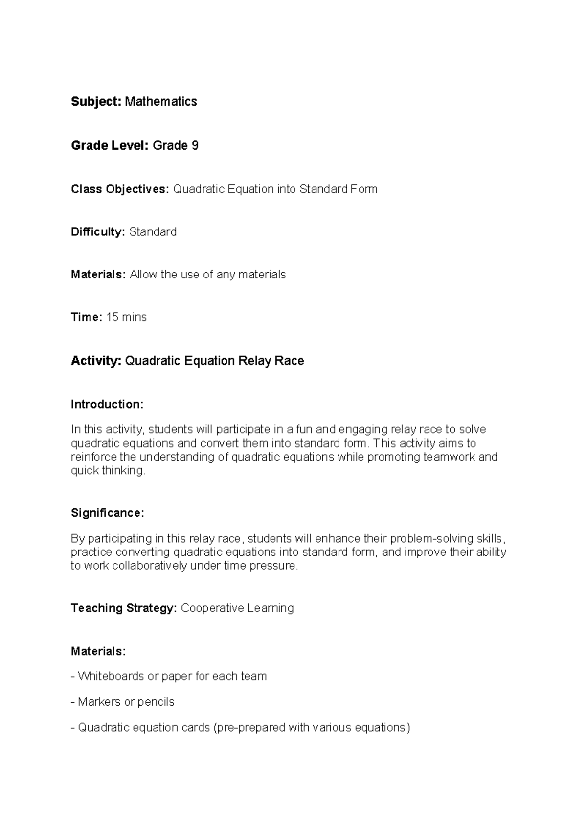 Quadratic Equation into Standard Form - Subject: Mathematics Grade ...