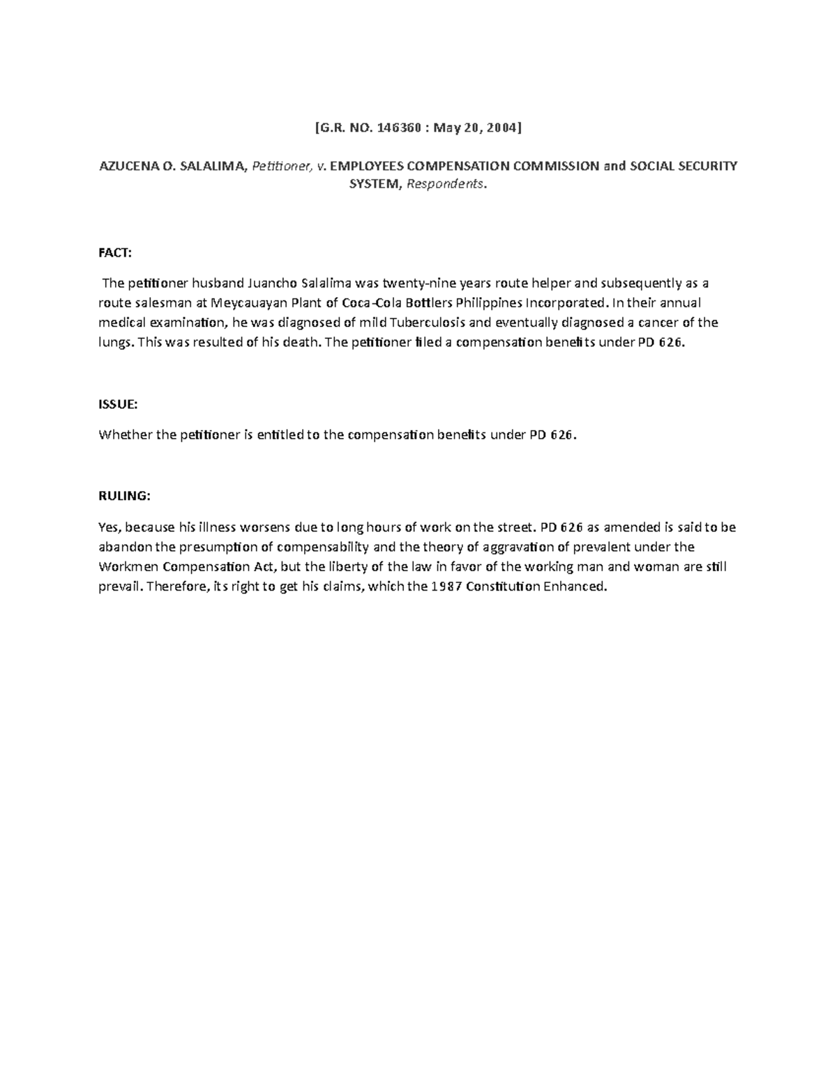 Salalima v ecc - CASE DIGEST - [G. NO. 146360 : May 20, 2004] AZUCENA O ...