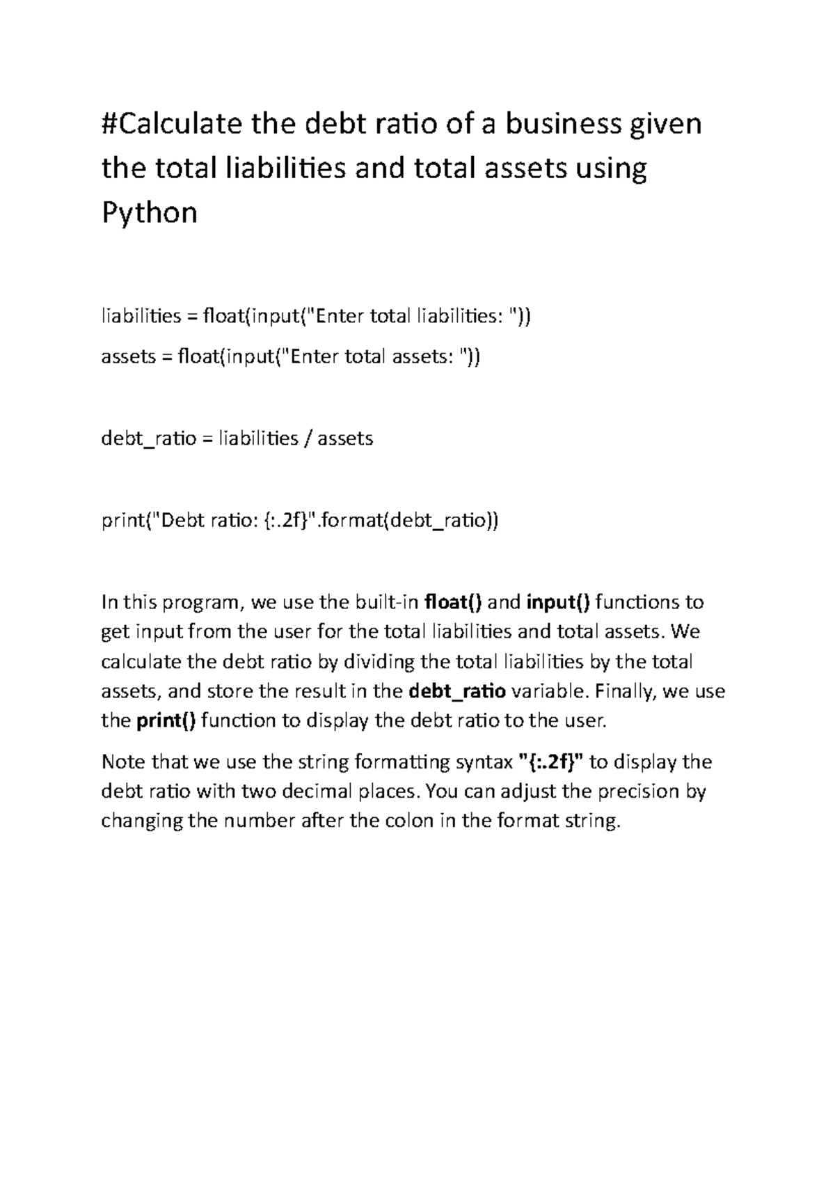 Total liabilities and total assets using Python - #Calculate the debt ...