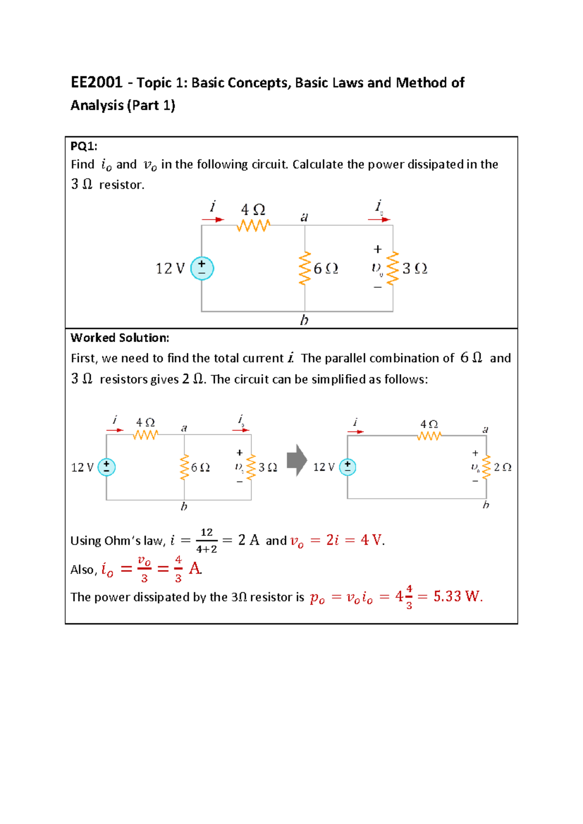 EE2001 - Topic 1 PQ 1-2 Worked Solution - EE2001 - Topic 1: Basic Concepts, Basic Laws and ...