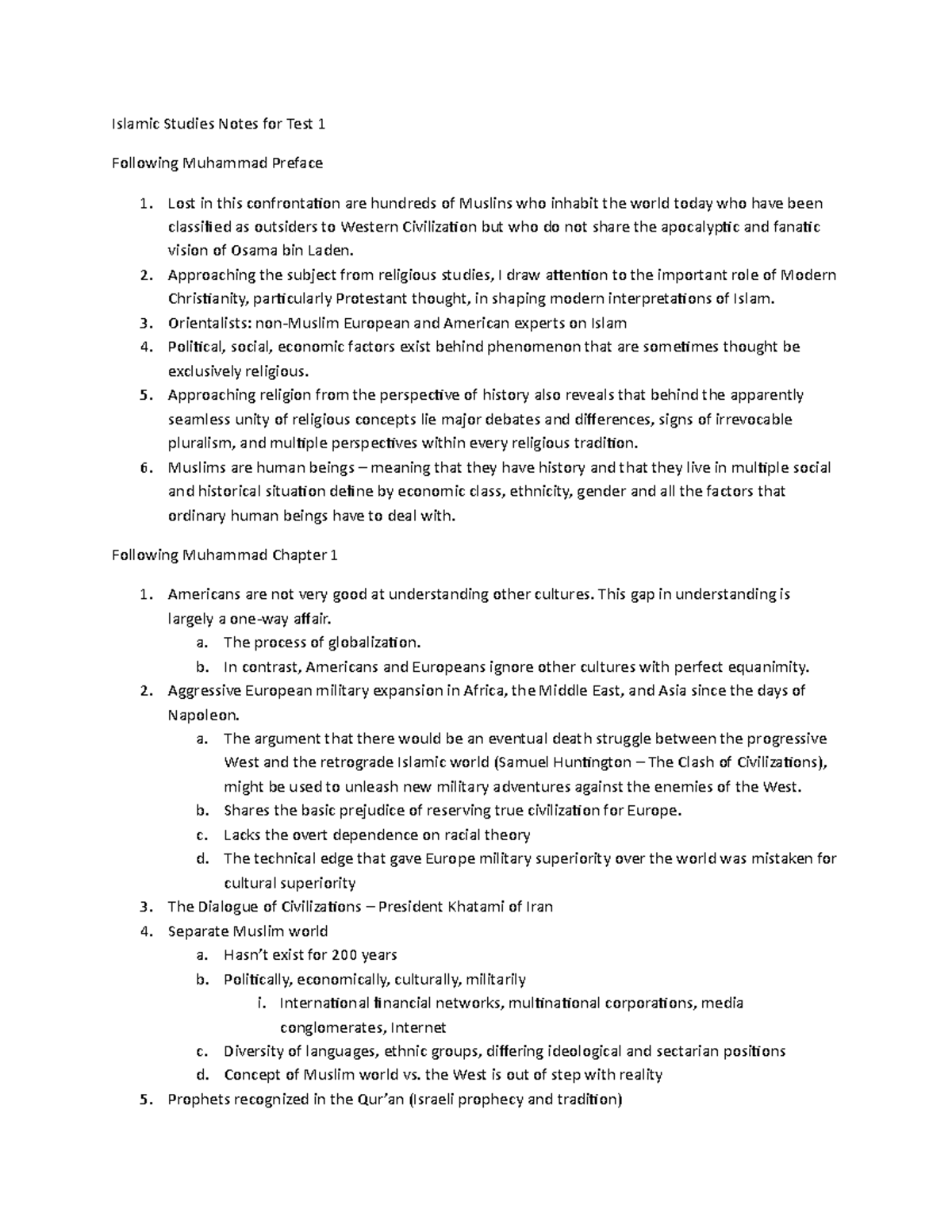 Islamic Studies Notes for Test 1 - Lost in this confrontation are ...