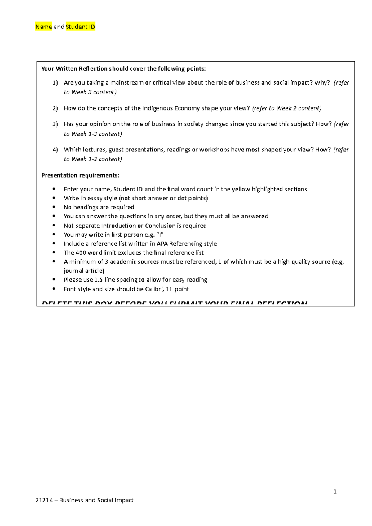 Assessment Task 1 Written Reflection Template Name And Student Id 1