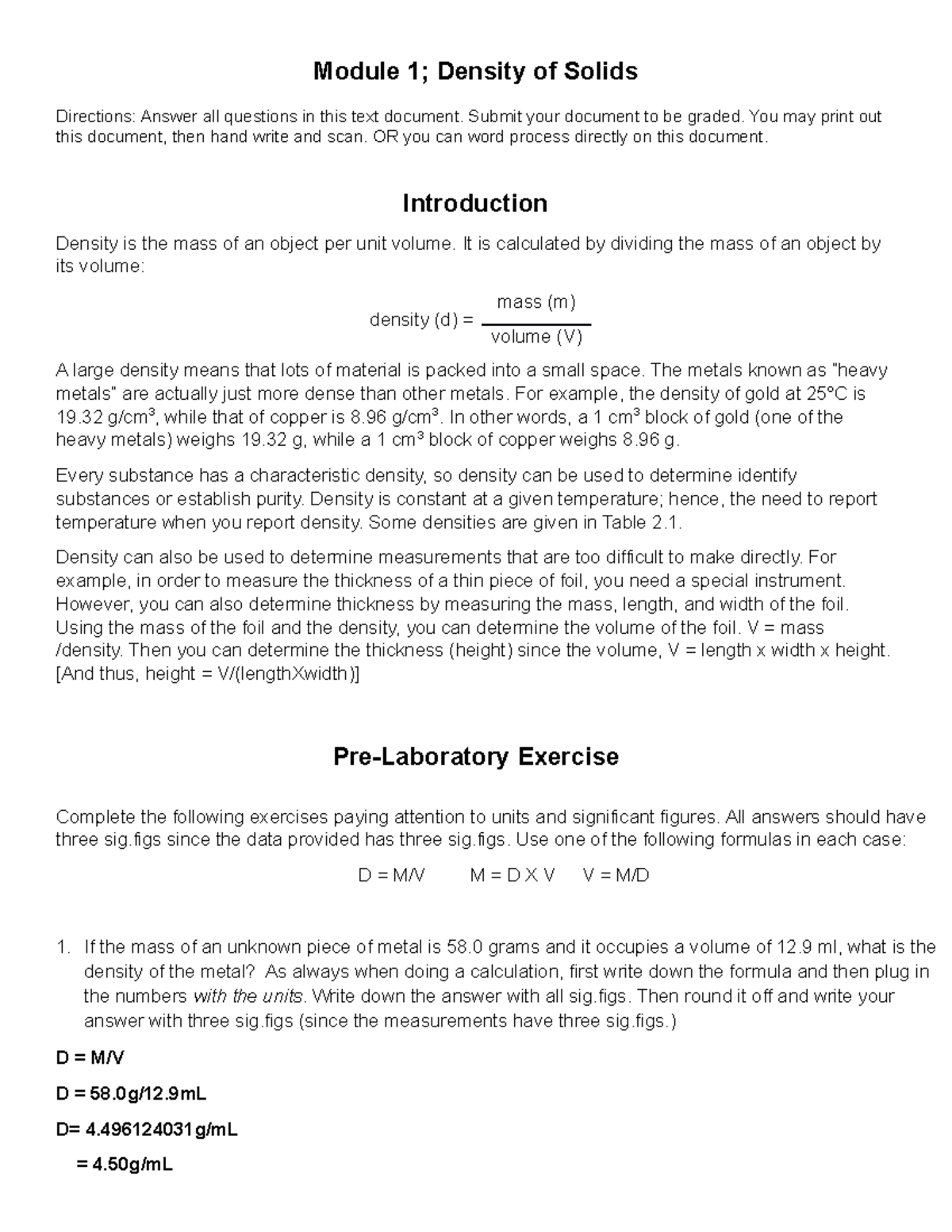 Module 1 Density of Solids - Module 1; Density of Solids Directions ...