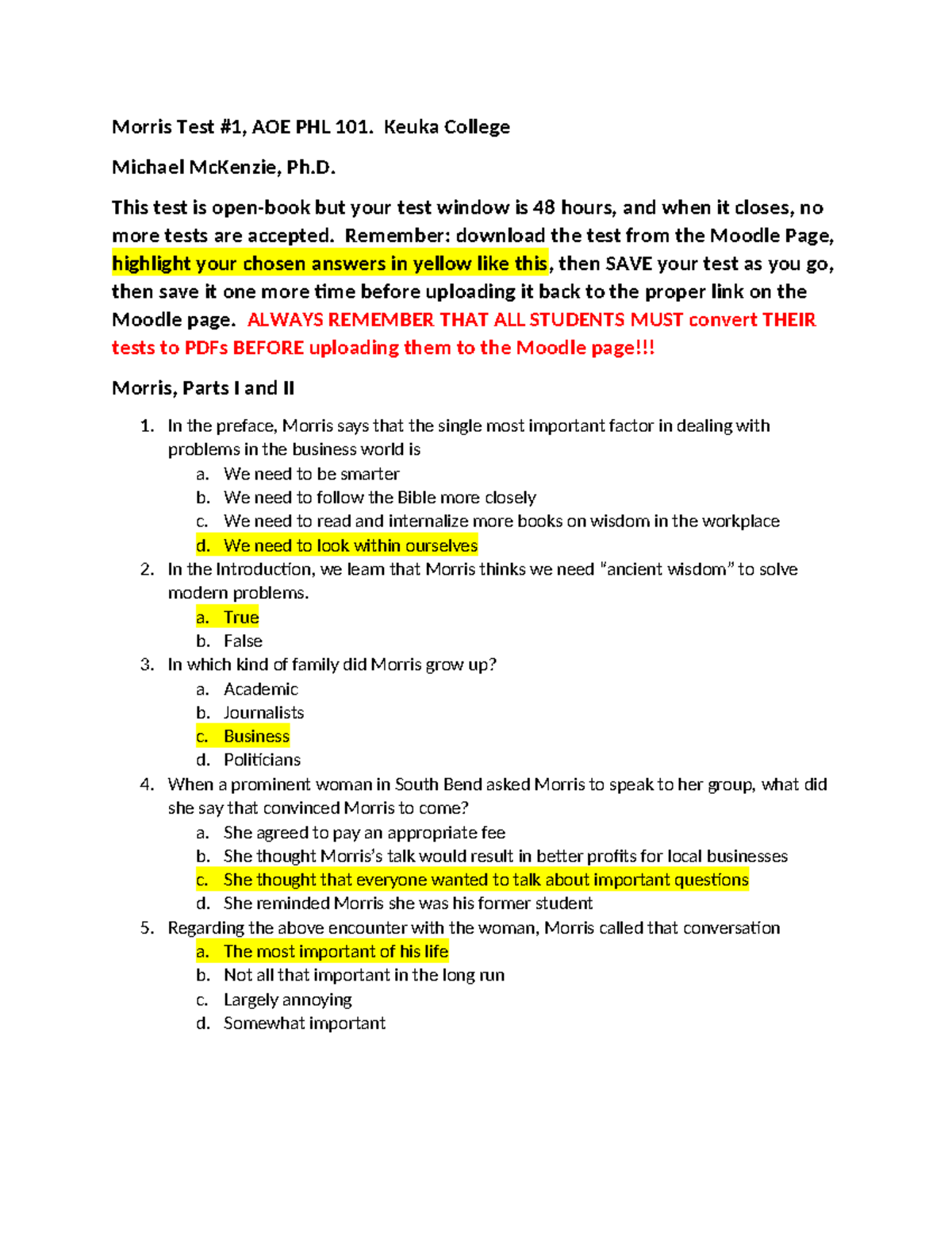 Morris Test #1 - Morris Test #1, AOE PHL 101. Keuka College Michael ...