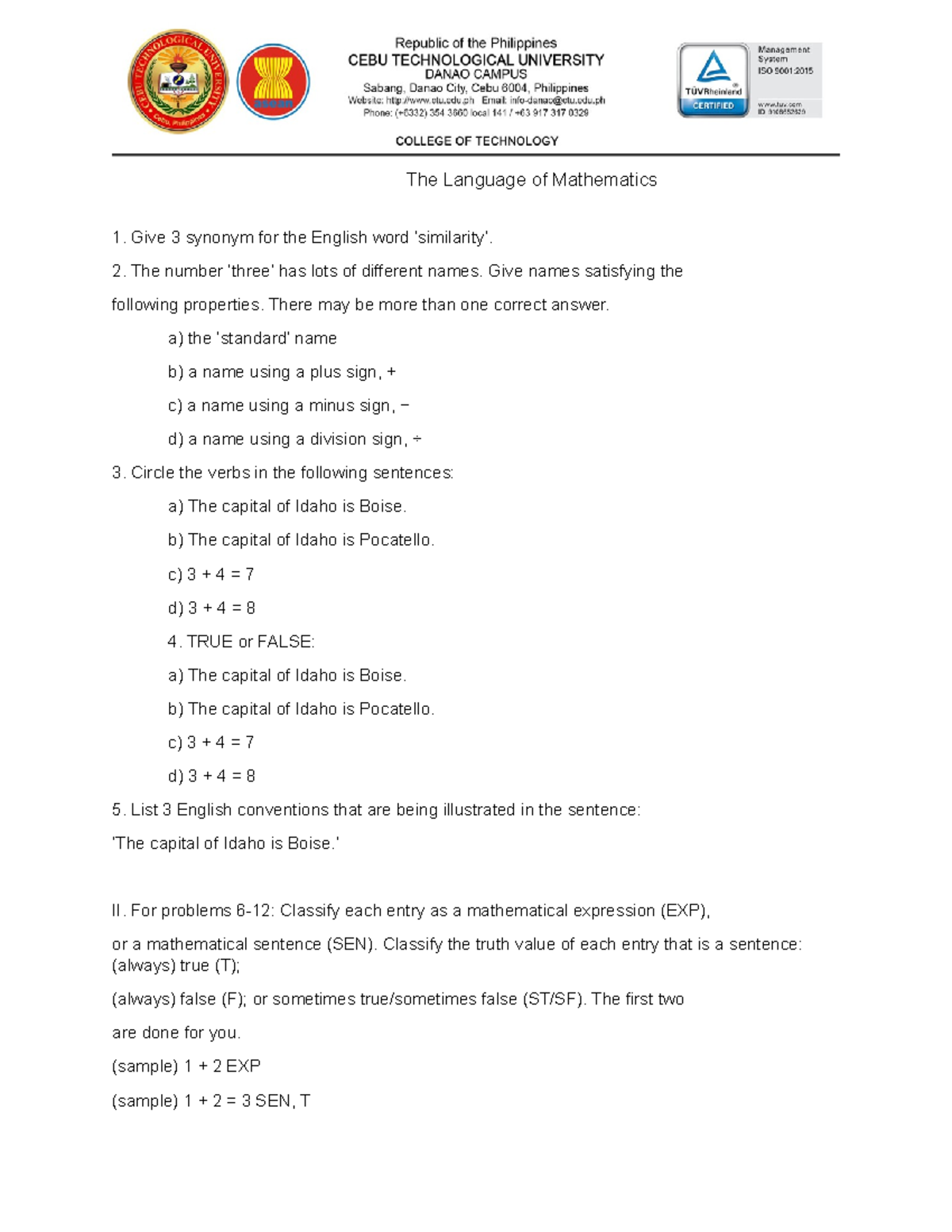 The language of mathematics - The Language of Mathematics Give 3 ...