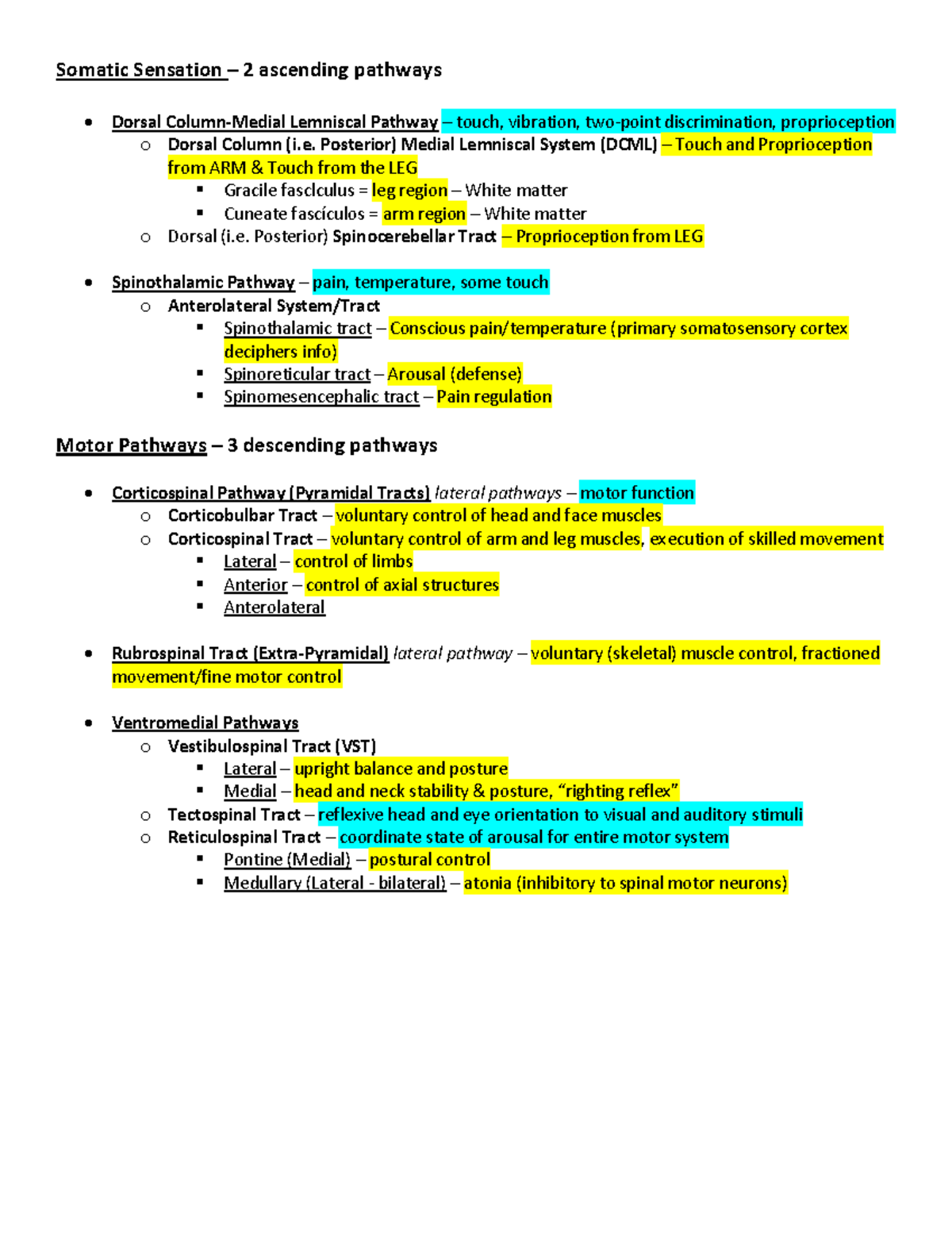 Sensory and Motor Pathways Summary - Somatic Sensation – 2 ascending pathways Dorsal Column ...