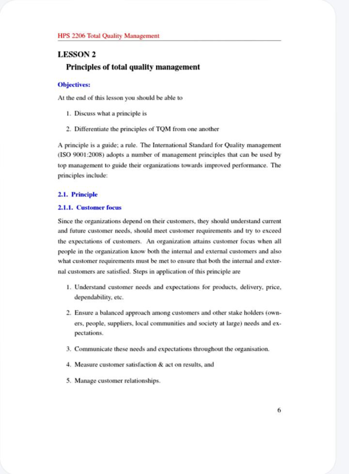 TQM Lesson 2 - LESSON 2 Principles of total quality management ...