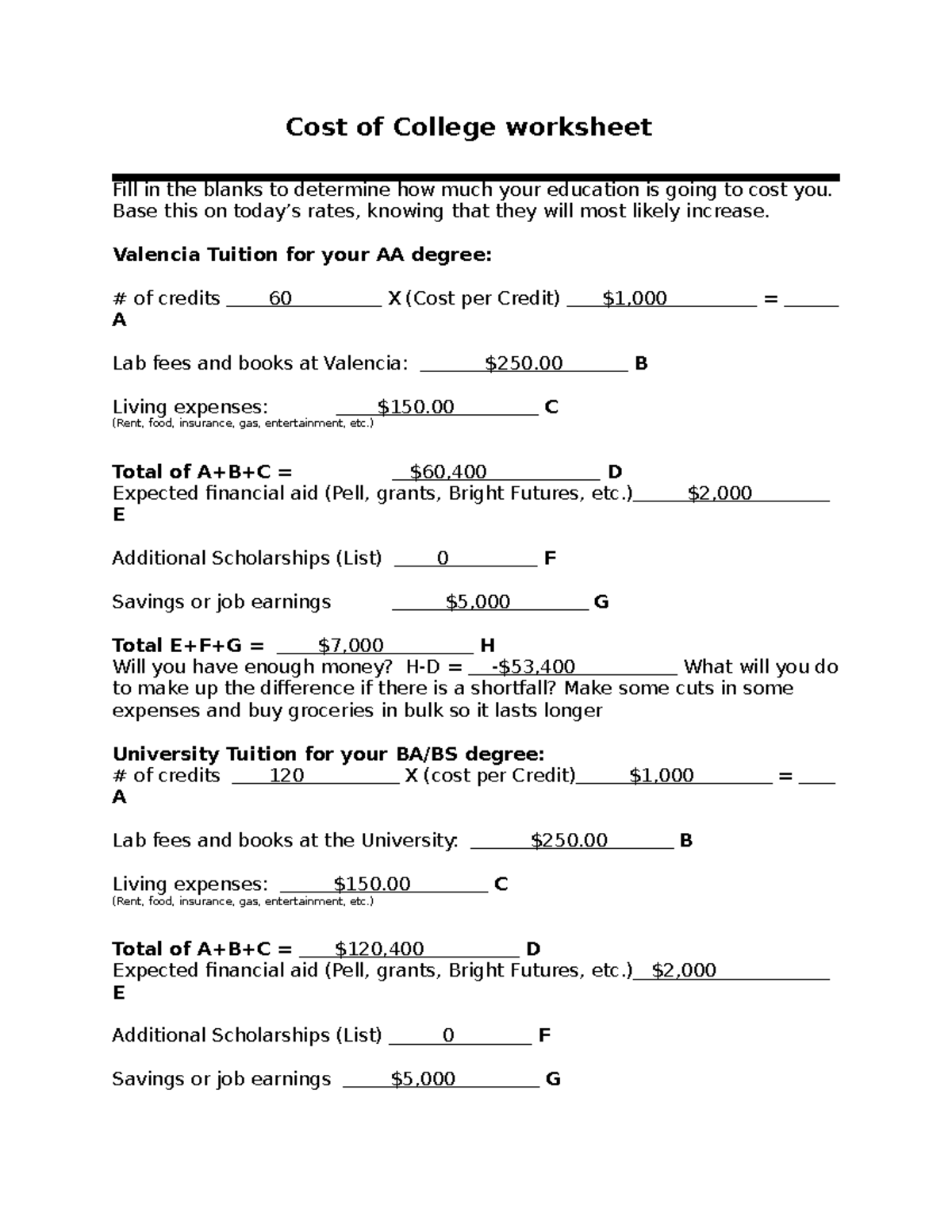 Amanda Brown Cost of College worksheet - Cost of College worksheet Fill ...