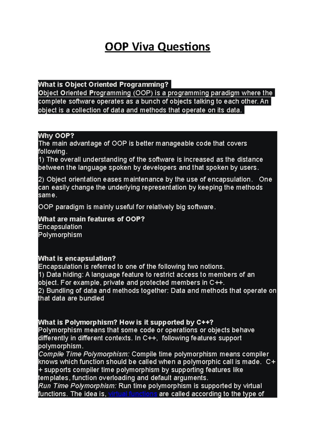 Oop Viva Questions Oop Viva Questions What Is Object Oriented Programming O Bject O Riented P 4063