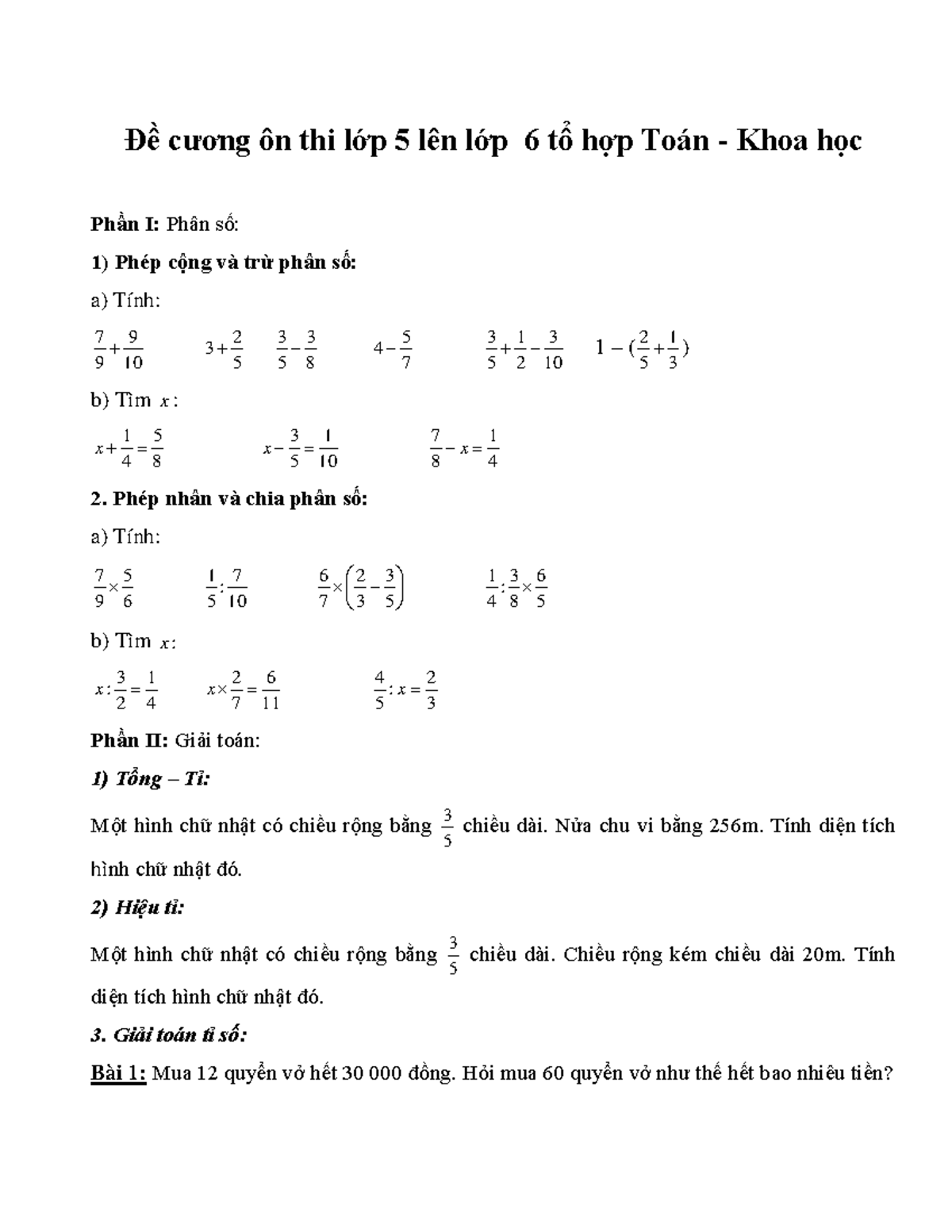 De cuong on thi lop 5 len lop 6 to hop toan khoa hoc - Đề cương ôn thi lớp 5 lên lớp 6 tổ hợp ...
