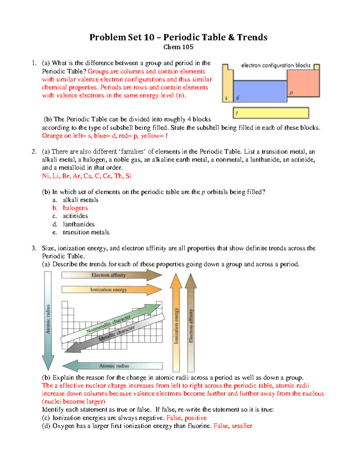 PS10 - Problem set homework key - Problem Set 10 – Periodic Table & Trends Chem 105 (a) What is ...
