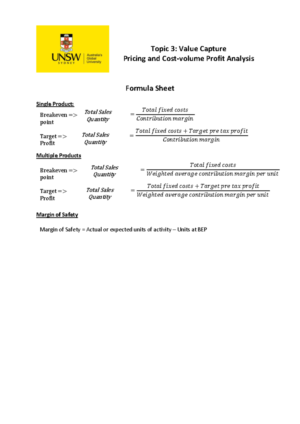 COMM1180 Week 03 Formula Sheet - Topic 3 : Value Capture Pricing and ...