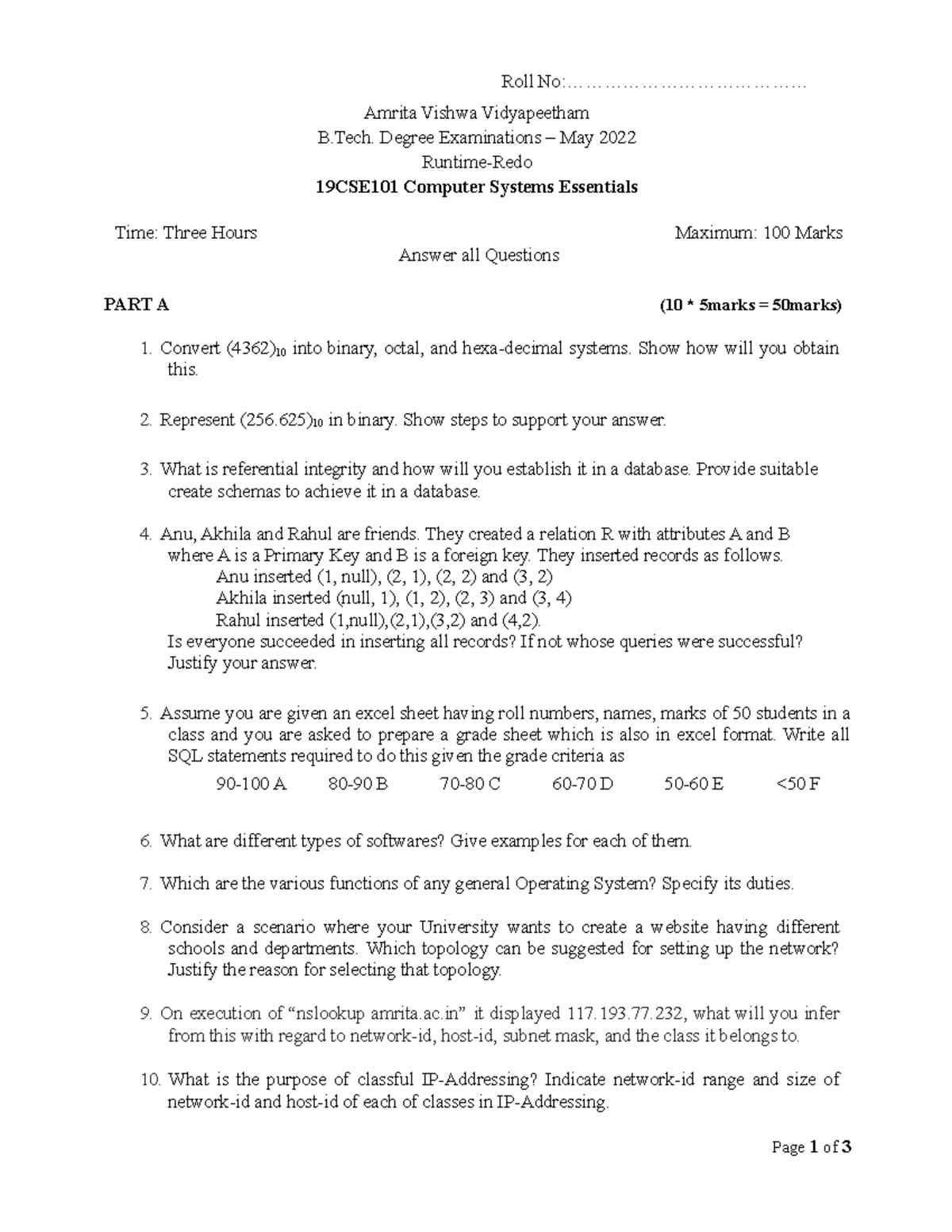 Essentials End-Redo - Question Paper - Roll No:....................................... Amrita ...