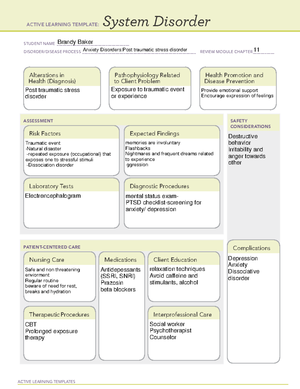 Anxiety Disorders Post Traumatic Stress Disorder ACTIVE LEARNING