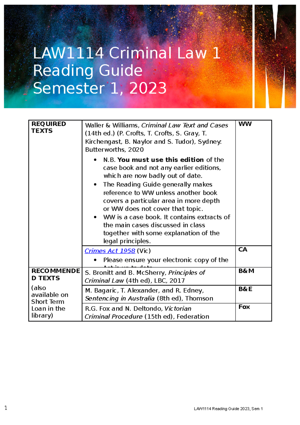 LAW1114 Reading Guide Sem 1 2023 final - REQUIRED TEXTS Waller ...