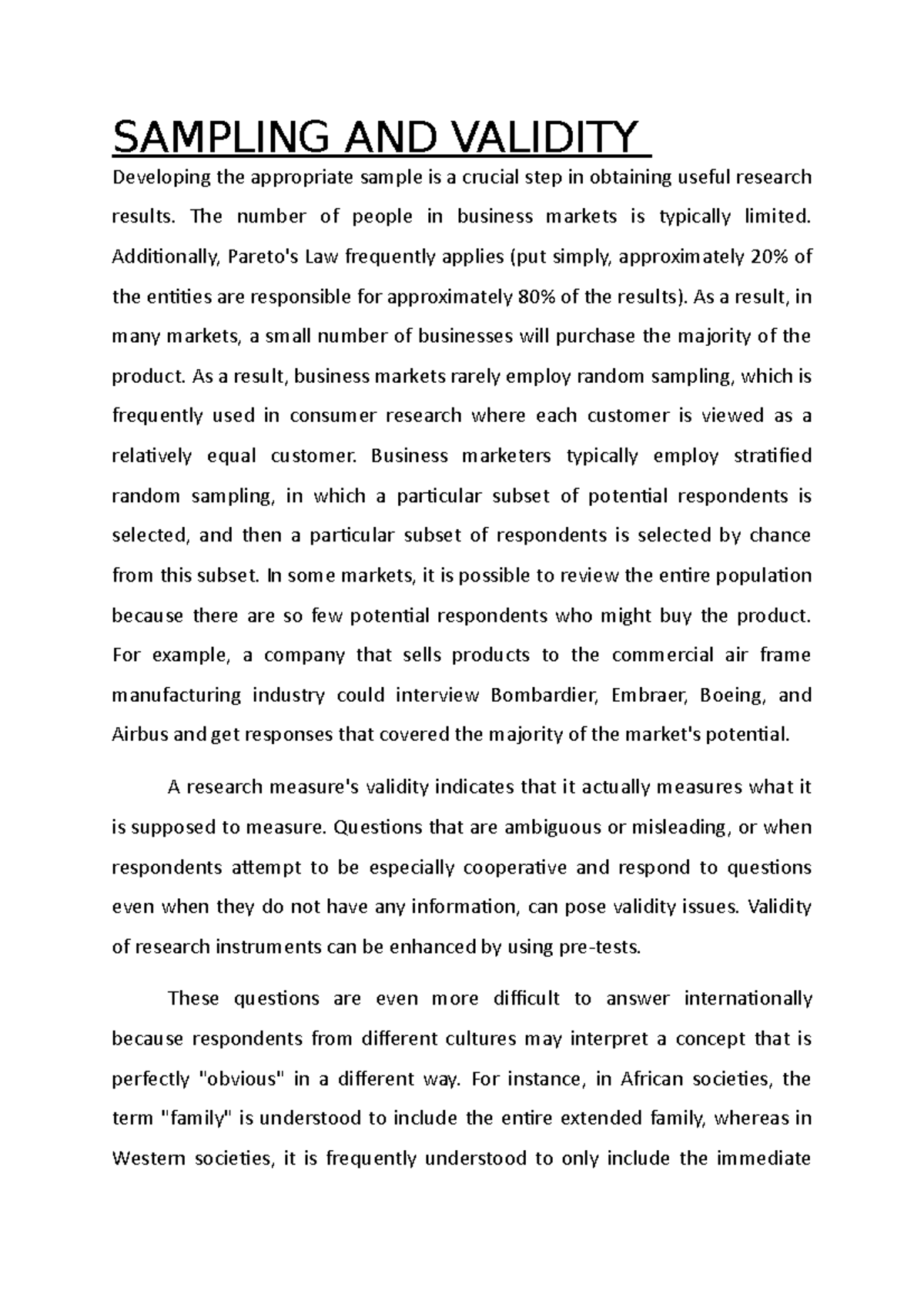 Sampling AND Validity - SAMPLING AND VALIDITY Developing the appropriate sample is a crucial ...