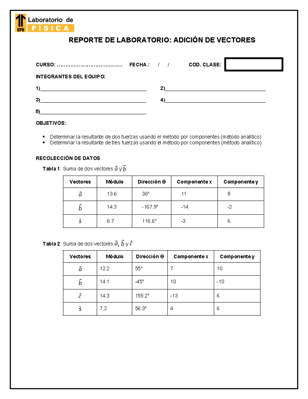 Reporte LAB Fisiarq S02 AV 2024 - REPORTE DE LABORATORIO: ADICIÓN DE VECTORES CURSO: - Studocu