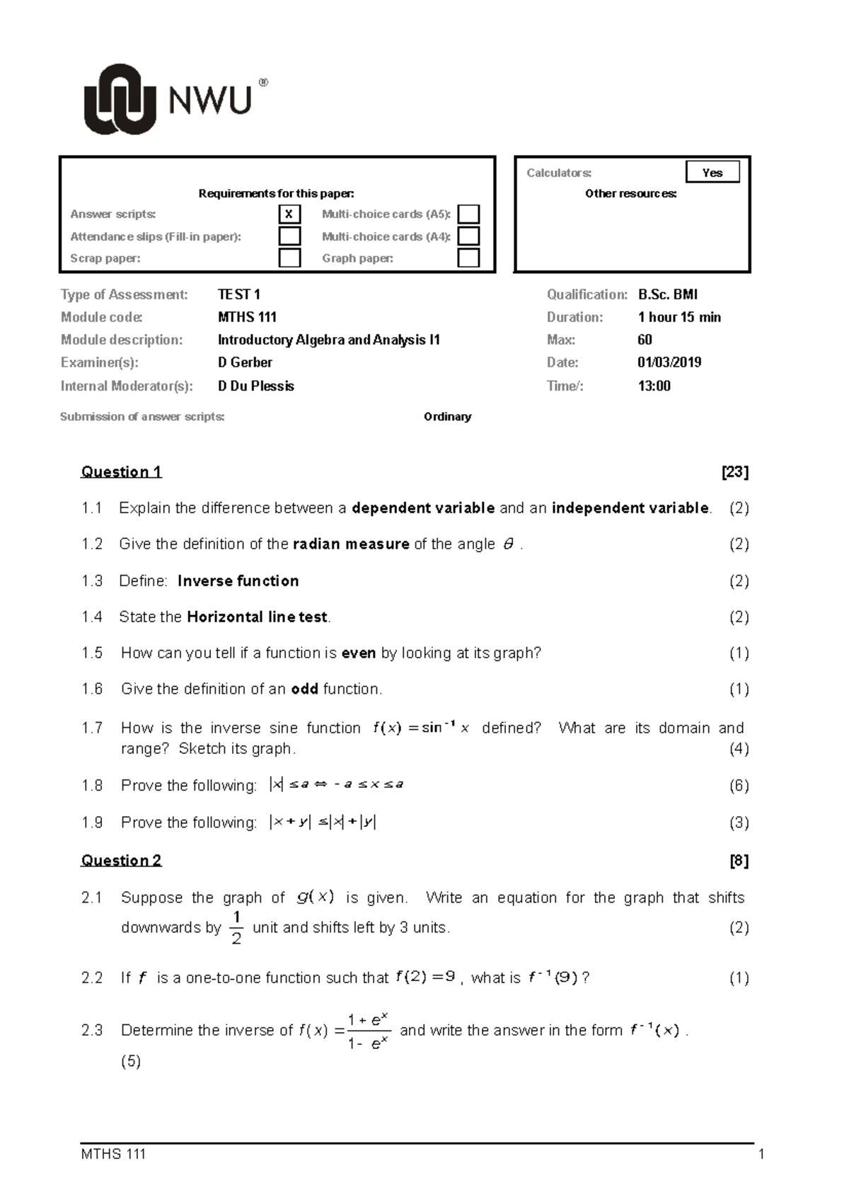 MTHS 111 TEST 1 2019 [722] - Calculators: Yes Requirements for this ...