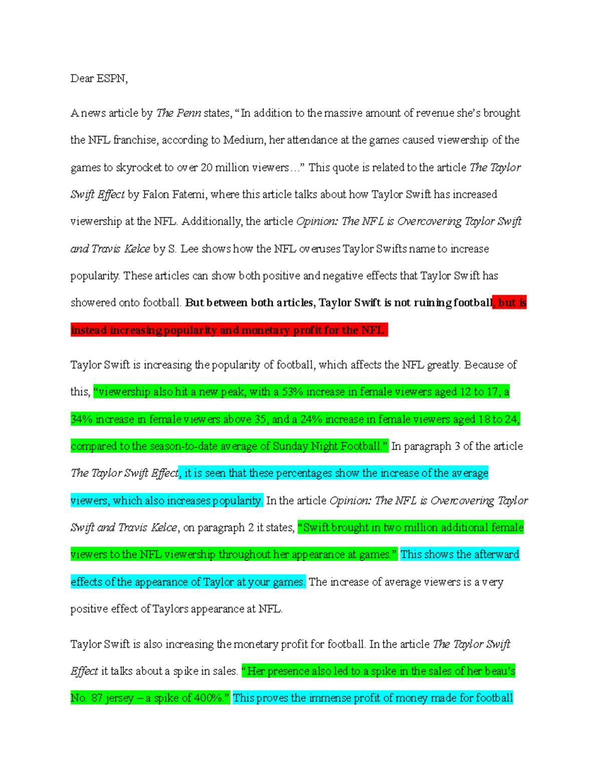 Argumentative ECR - Dear ESPN, A news article by The Penn states, “In ...