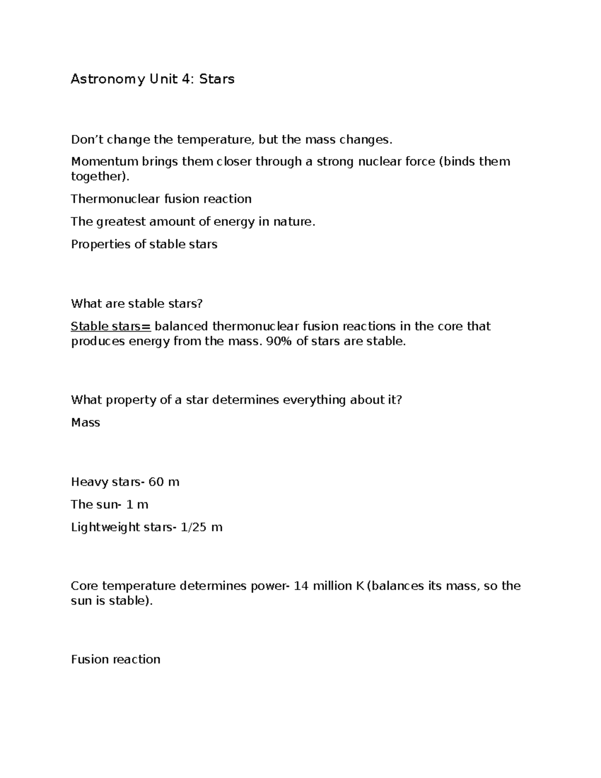 Unit 4, Chapter 4: Stars - Astronomy Unit 4: Stars Don’t change the ...