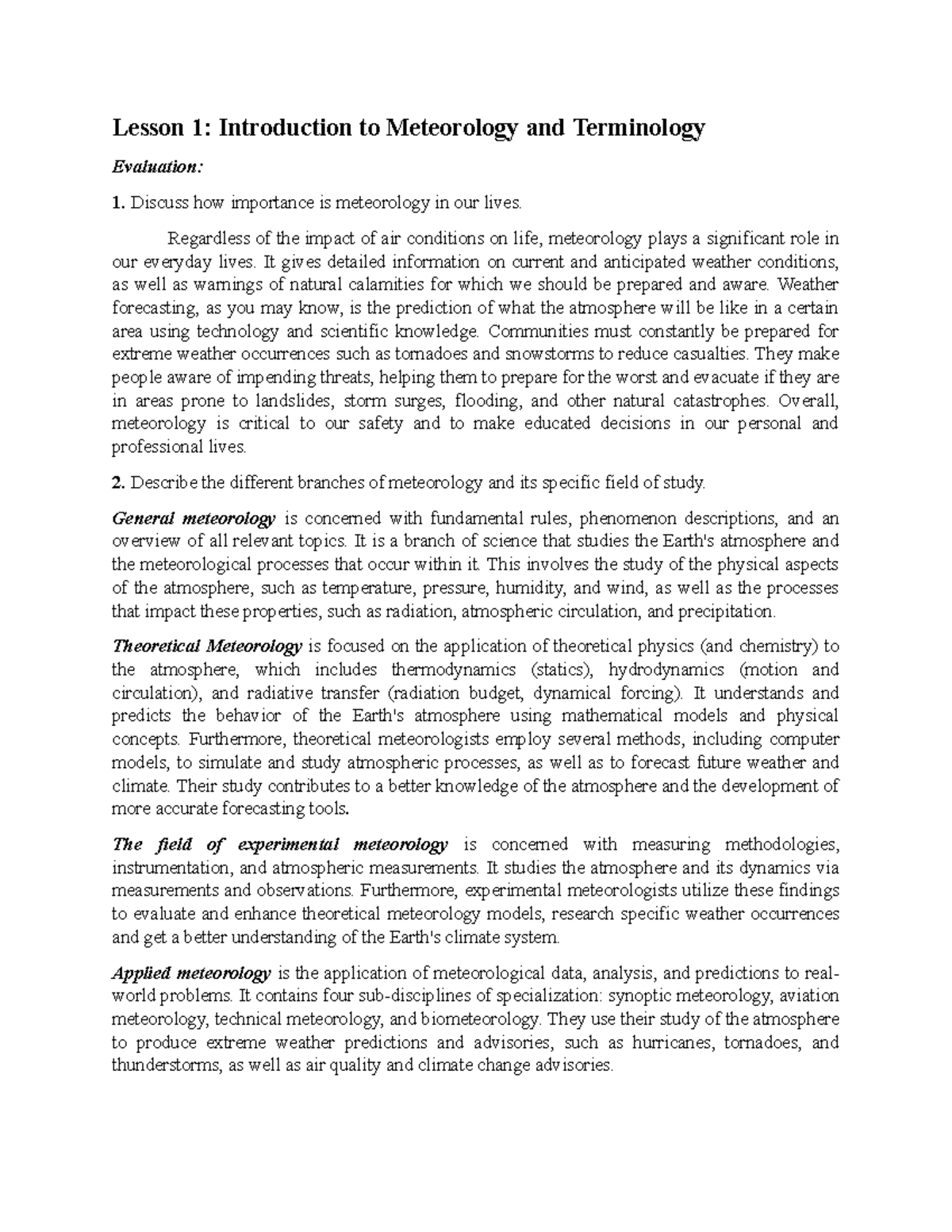 Lesson 1 to 2 - N/A - Lesson 1: Introduction to Meteorology and ...