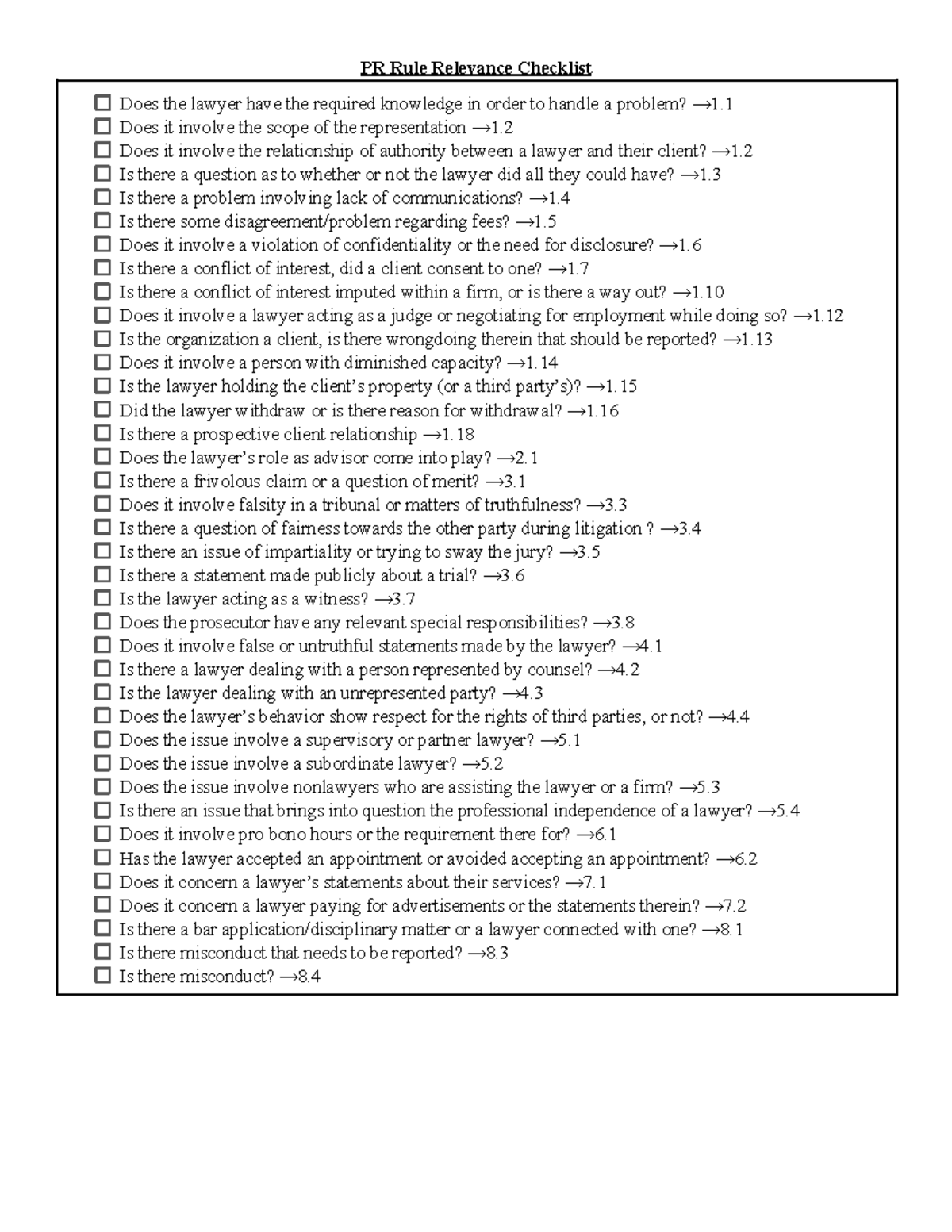 PR Rule Quick Reference - PR Rule Relevance Checklist Does the lawyer ...