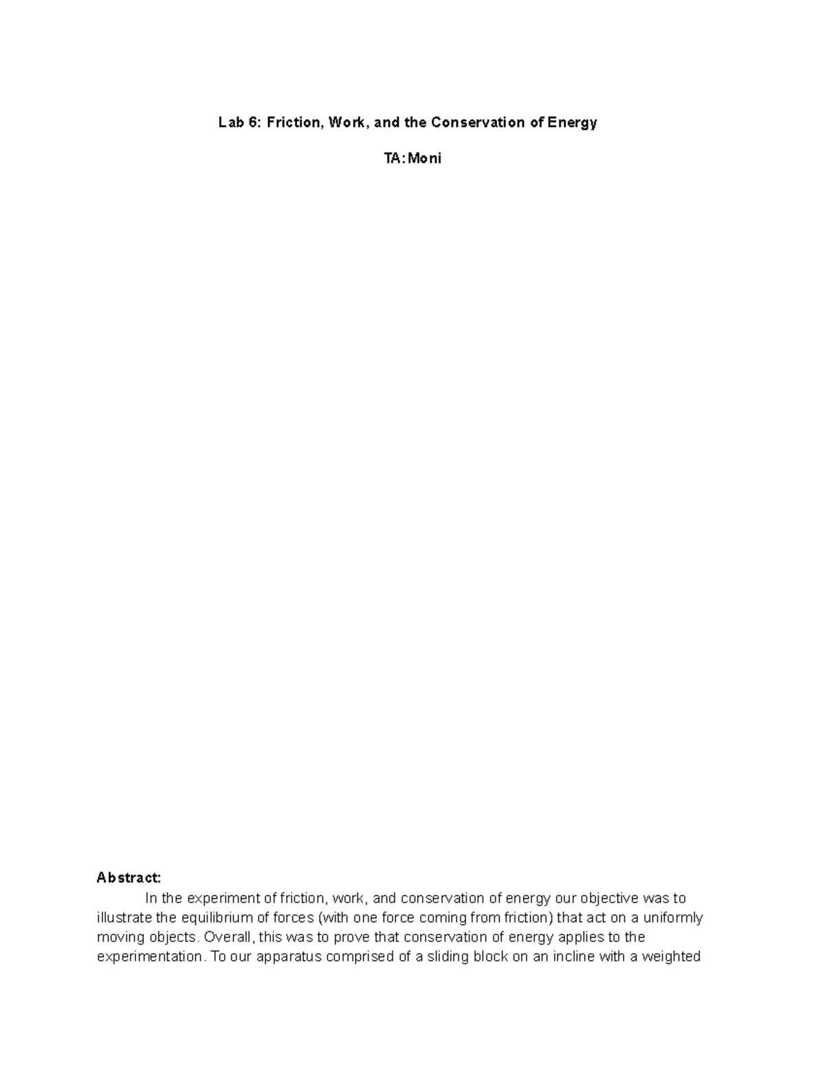 Physiocs 113 lab 6 - Physics 113 lab 6 - Lab 6: Friction, Work, and the ...