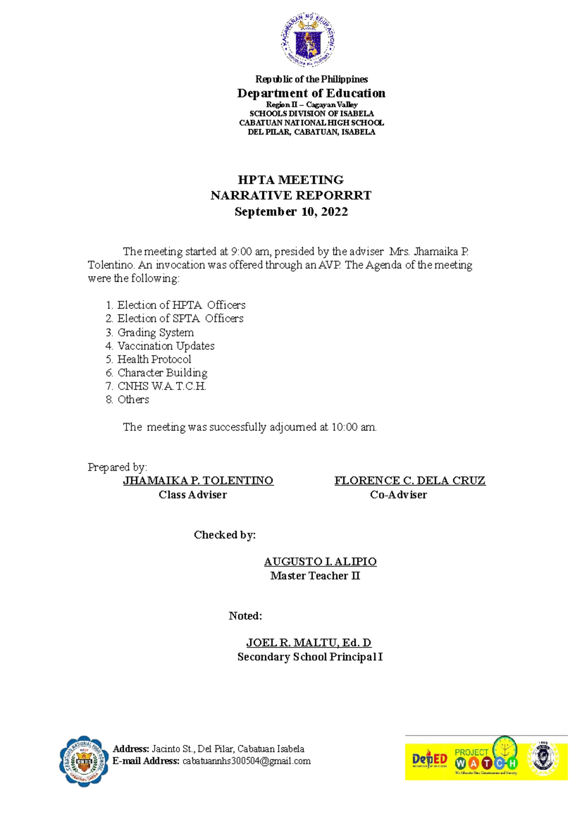 HPTA Meeting Narrative - Department of Education Region II – Cagayan ...
