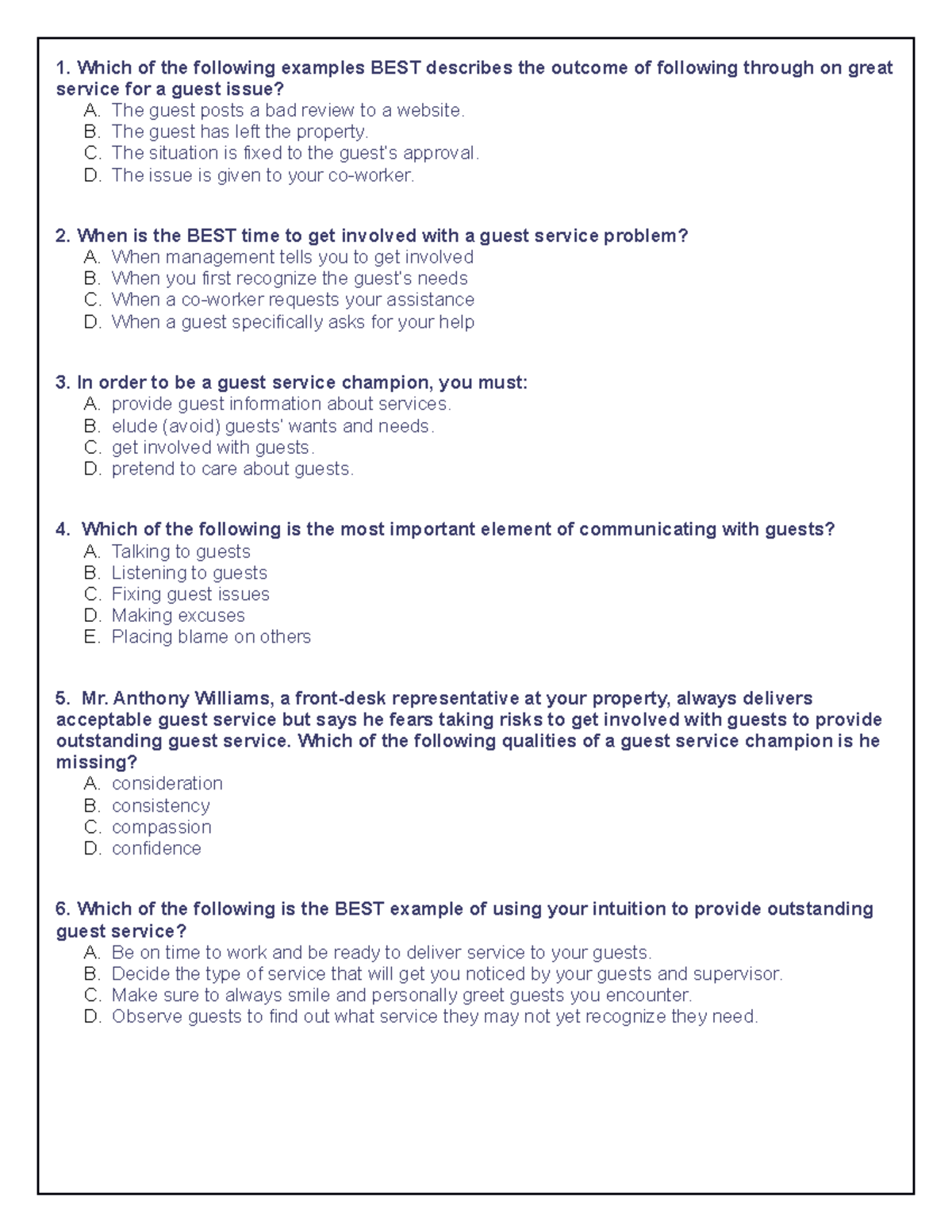 Reviewer CGSP - CERTIFIED GUEST SERVICE PROFESSIONAL - Which of the ...